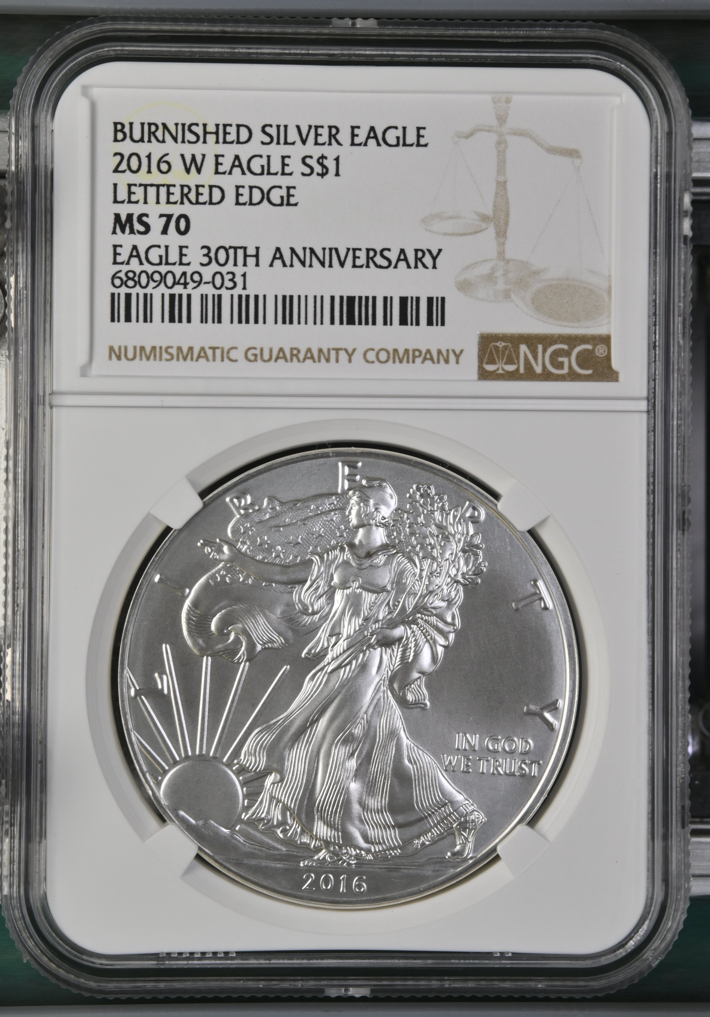 2016 W EAGLE S$1 BURNISHED 30TH ANNIVERSARY LETTERED EDGE MS 70 – AllCoins4You